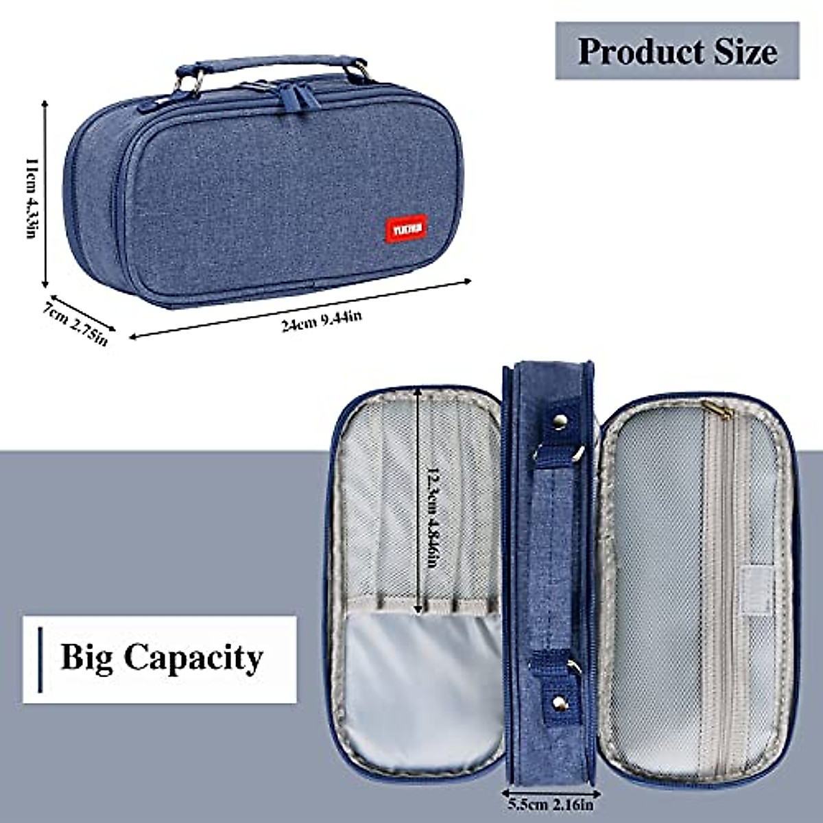 GUSEN Big Capacity Pencil Case Stationery Storage Pen Pouch Bag Double Zipper Multiple Compartments Organizer Cosmetic Portable High School Organizer College Student Teen Adult Boy Girl-Denim Blue