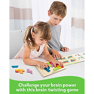 Coogam Wooden Puzzle Blocks Geometric Tangram Brain Teasers Jigsaw 3D Logic IQ Game Colorful Shape Pattern Montessori STEM Educational Toys Gift 60 Challenges for All Age