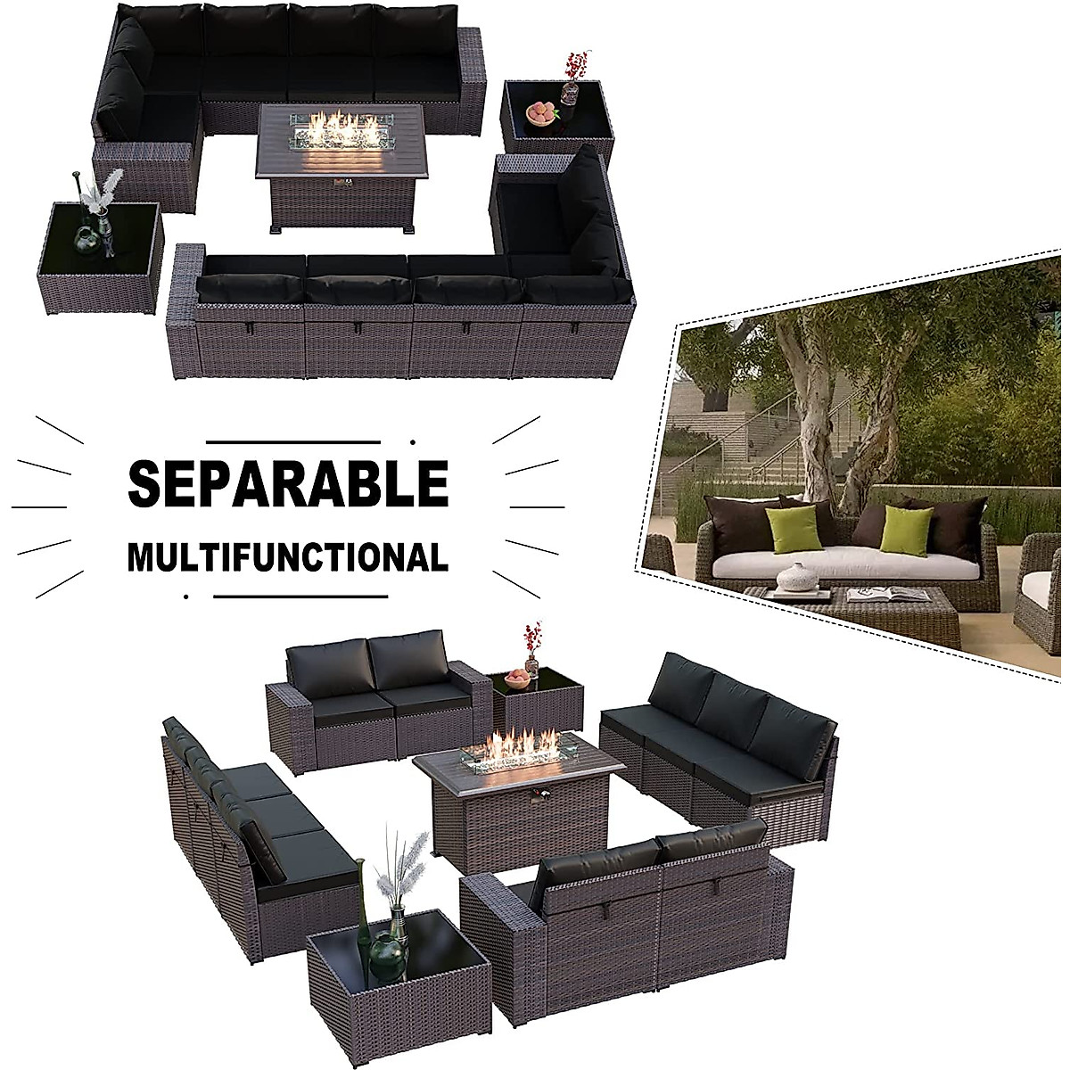 Kullavik 13 Pieces Outdoor Patio Furniture Set with 43" 55000BTU Gas Propane Fire Pit Table PE Wicker Rattan Sectional Sofa Patio Conversation Sets,Black