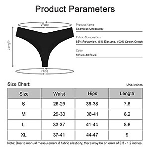 Sexy Thongs for Women, No Show Panties V-waisted Stretch Breathable, Seamless Thong Underwear 6 Pack Small Black