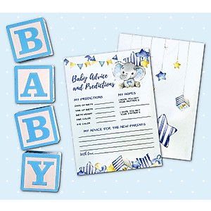 50 Deluxe Blue Elephant Advice and Prediction Cards- Large Double Sided 5 x 7 Inch for Baby Boy Shower Game, New Parent Message Book, Mom & Dad to Be, Decorations Activities Supplies Invitations