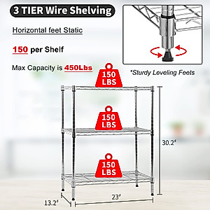 Dlewmsyic Small Storage Shelves, 3-Tier Metal Shelf Height Adjustable 23Lx13.2Wx30.2H 450lbs for Kitchen Pantry Office Rack, Chrome Wire Shelving Unit