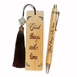 Handmade Bamboo Bookmark with Laser Carved Quote, Wooden Bookmark with Beautiful Tassel,A Unique Gift with Ball Point Pen Set for Teachers, Students, Men and Women. (Things (5))