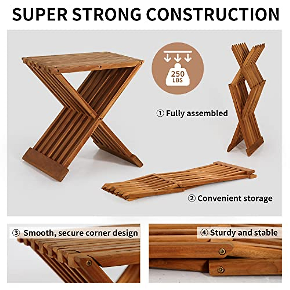 Rose Home Fashion Teak Wood Shower Stool 17" Folding Seat Fully Assembled Waterproof Bench in Bathroom Inside Corner Chair