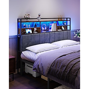 Hzuaneri Headboard with 3-Tier Storage Shelves, Upholstered Head Board with 2 Outlets, USB Ports & LED Light, Soft Backrest for King Size Bed Rustic Brown and Black BH19401B