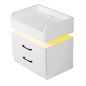 LED Nightstand with Charging Station, White Night Stands with USB Charging Ports and LED Lights, Modern Wooden Bedside Table with 2 Drawers, Small End Side Table with Drawers for Bedroom, Living Room