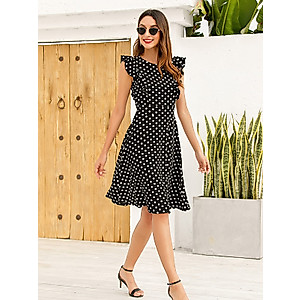 YATHON Women's Vintage Ruffle Floral Flared A Line Swing Casual Cocktail Party Dresses (S, YT001-Black Dot)