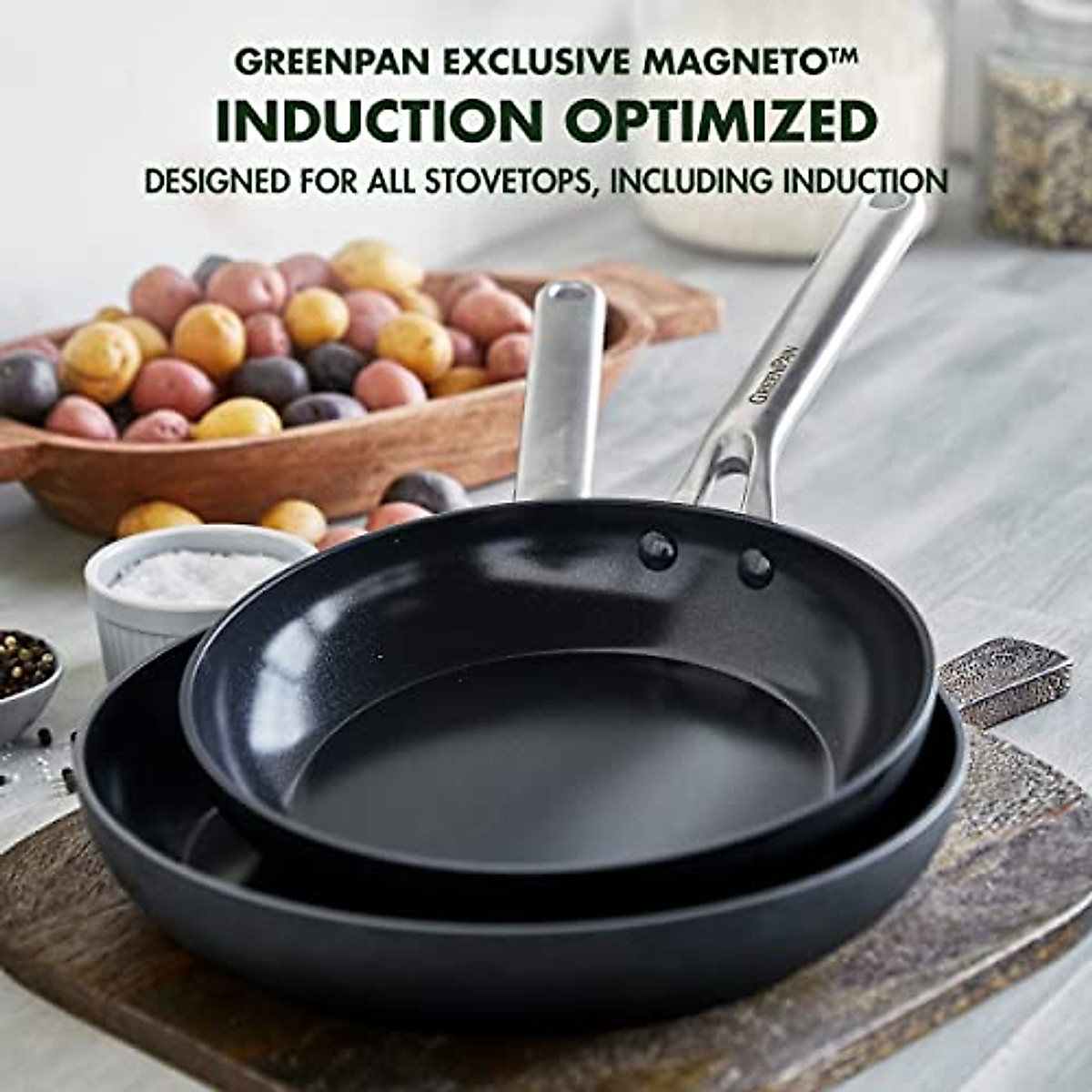 GreenPan Omega Hard Anodized Advanced Healthy Ceramic Nonstick, 9.5”&11”Frying Pan Skillet Set,Anti-Warp Induction Base,Diamond Reinforced Durable Coating,Stay-Flat Oil Surface,Oven&Broiler Safe,Black