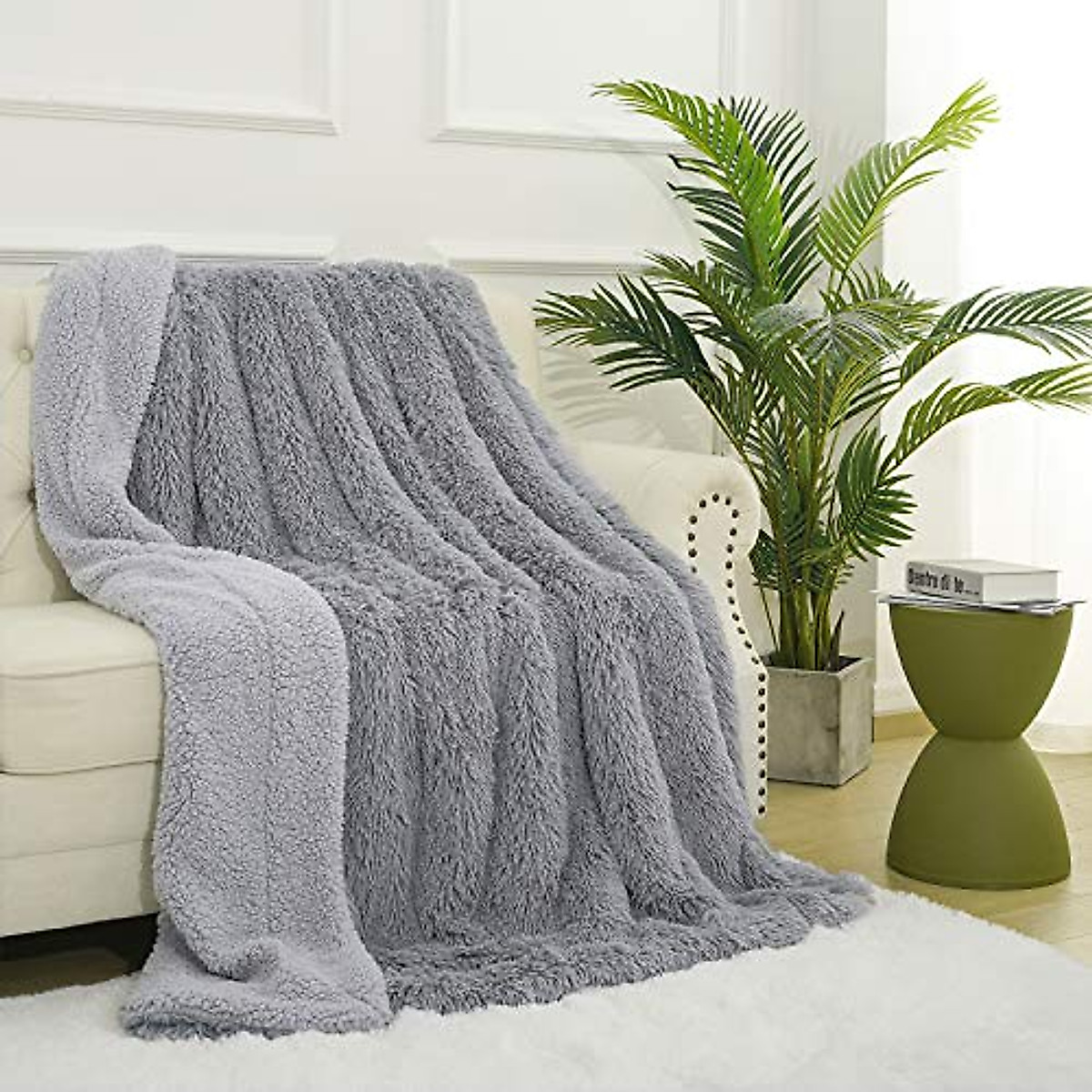 Maxsoft Fluffy Sherpa Blanket for Girls/Boys, 50"x60", Luxury Fuzzy Throw for Sofa, Couch, Bed, Decorative Shag Faux Fur Fleece Blanket for Bedroom(Grey)