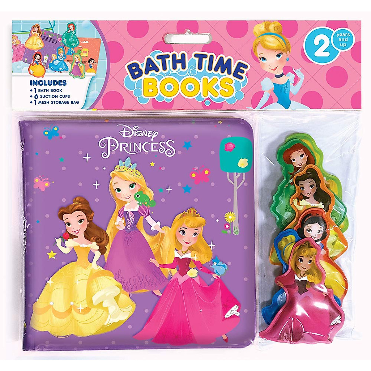 Disney Princess Bath Time Books - Activity Books for kids, Bath book, 6 Padded suction cups, 1 Mesh bag
