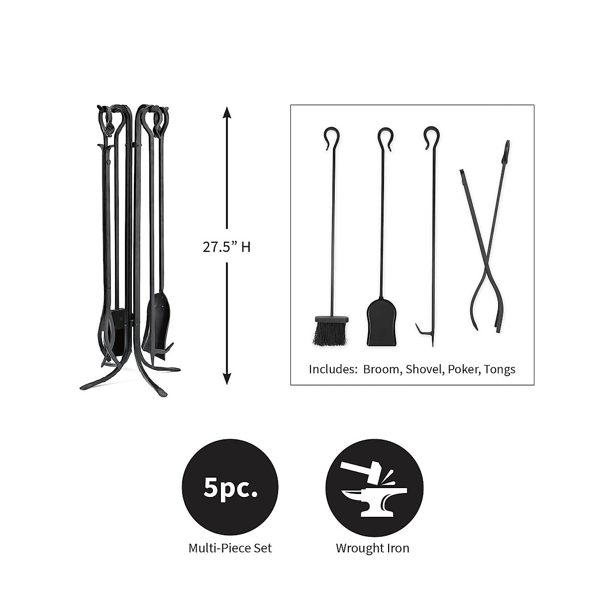 Plow & Hearth 5 Piece Hand Forged Iron Fireplace Tool Set with Poker | Tongs | Shovel | Broom | and Stand 7-in Diam. x 27.5 H Black