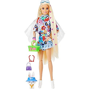 Barbie Extra Doll and Accessories with Extra-Long Blonde Hair Wearing Floral Outfit & Poncho with Pet Bunny 12 inch