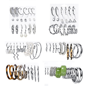 38 Pairs Silver Hoop Earring Sets for Women, Boho Dangling Earrings Pack, Acrylic Assorted Jewelry for Gift