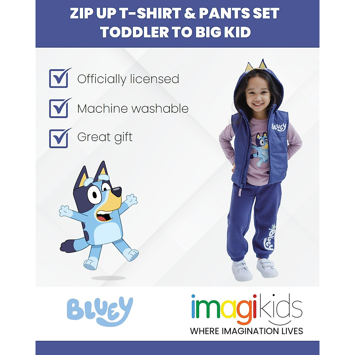 Bluey Little Girls Zip Up T-Shirt and Jogger Fleece Pants 3 Piece Blue/Gray 7-8