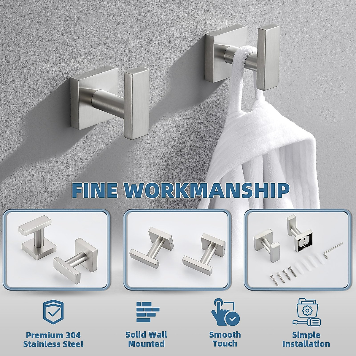 APLusee Brushed Nickel Towel Hook 2 Pack, 304 Stainless Steel Clothes Hook, Wall Mounted