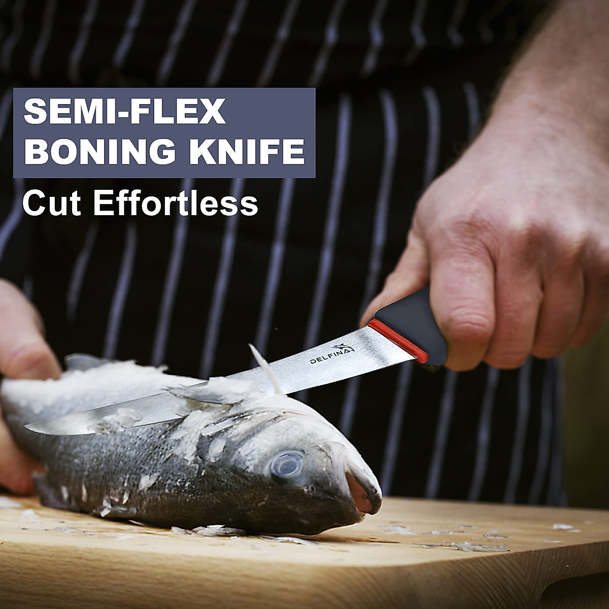 DELFINA 6 Inch Boning Knife for Meat Cutting, Semi-flexible Curved Blade Processing Knife, Premium Stainless Fish Fillet, BBQ Brisket Meat Trimming Butcher Knife for Kitchen Home Restaurant