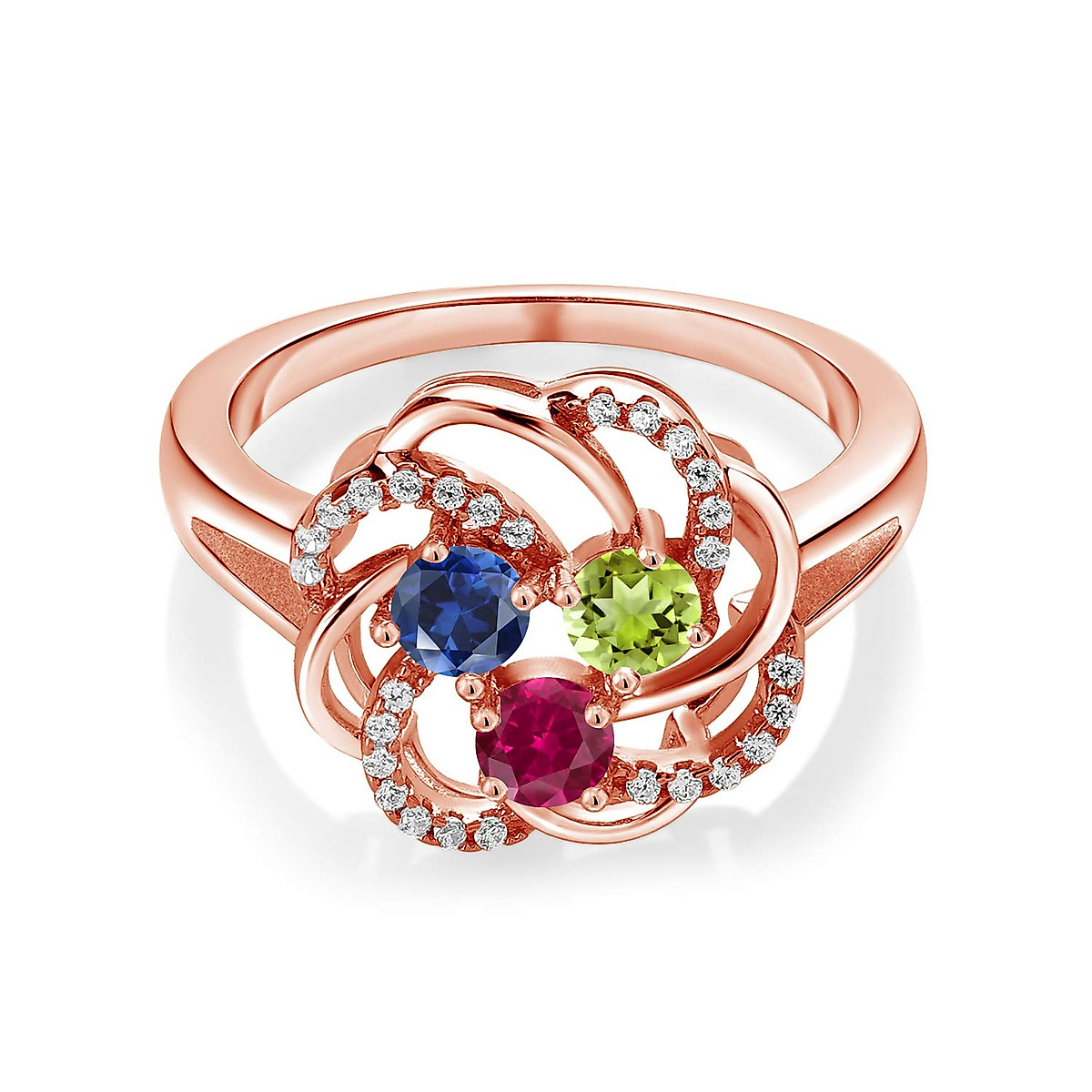 Gem Stone King Customized and Personalized Build Your Own 3-Stone Birthstones White Created Sapphire 18K Rose Gold Plated Silver Ring (Size 8)