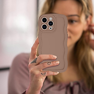 YINLAI Designed for iPhone 13 Pro Max Case 6.7-Inch, Brown Soft Silicone Gel Rubber Phone Cover, Cute Curly Wave Frame Shape Slim TPU Bumper Women Girly Shockproof Protective Case, Khaki