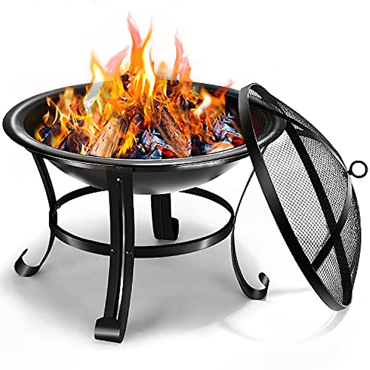 Wilrex Outdoor Fire Pits, 22 inch Portable Bonfire FirePits for Outside Wood Burning with Spark Screen and Fireplace Poker for Backyard Garden Patio Bonfire Heating, Camping and BBQ, Black (QTFP06M)