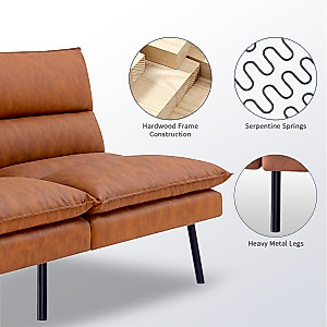 IULULU Futon Sofa Bed, 71 Inch 3-Seater Faux Leather Couch, Convertible Armless Sleeper with Adjustable Backrest for Small Space, Tan