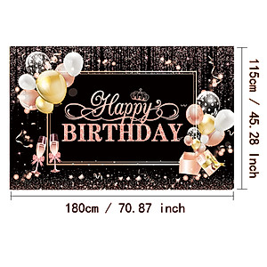 Rose Gold Happy Birthday Backdrop Banner,Happy Birthday Decoration Banner, Black and Rose Gold Happy Birthday Banner Sign, Happy Birthday Backdrop for Girls Women71 x 45 Inch