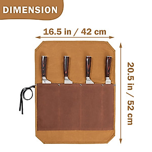 Chef's Knife Case, Heavy Duty 16oz Waxed Canvas Knife Carrier, 4 Slots Two-Color Knife Roll with Specialized Cut-Proof Cloth, Khaki & Brown (21.5"L x 17.5"W)
