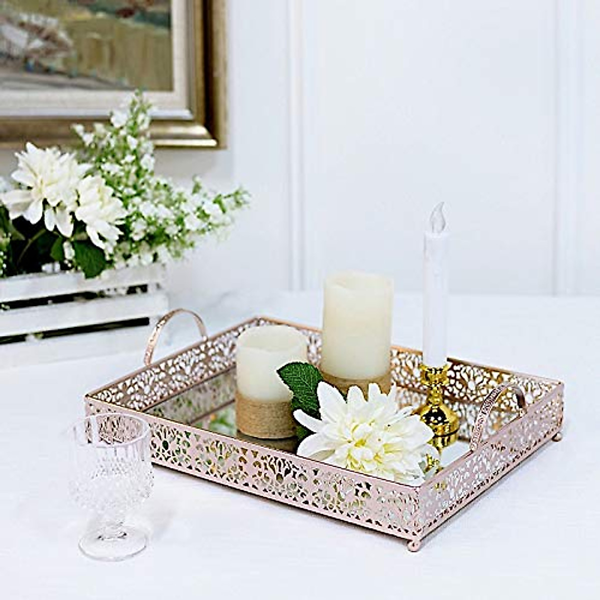 BalsaCircle 16x12-Inch Rose Gold Metal Rectangle Fleur De Lis Trim Decorative Mirror Serving Tray Wedding Party Dessert Centerpieces
