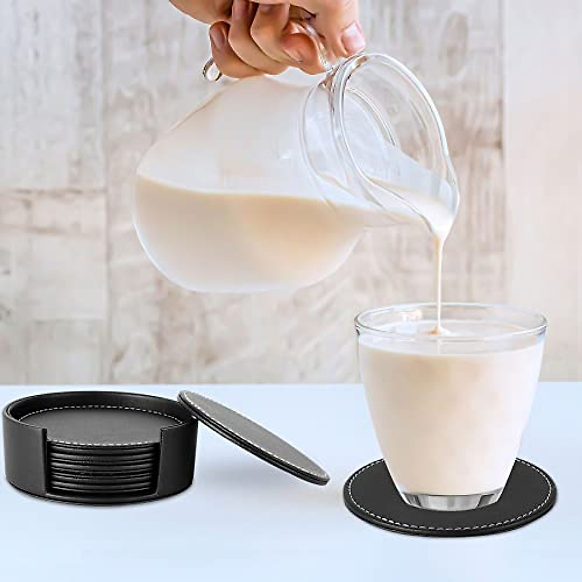 CARLWAY Set of 6 Leather Drink Coasters Round Cup Mat Pad for Home and Kitchen Use Black, 3.94"