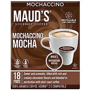 Maud's Chocolate Mocha Cappuccino Coffee Pods, 18 ct | Mochaccino Mocha Flavor | 100% Arabica Coffee | Solar Energy Produced Recyclable Pods Compatible with Keurig K Cups Maker