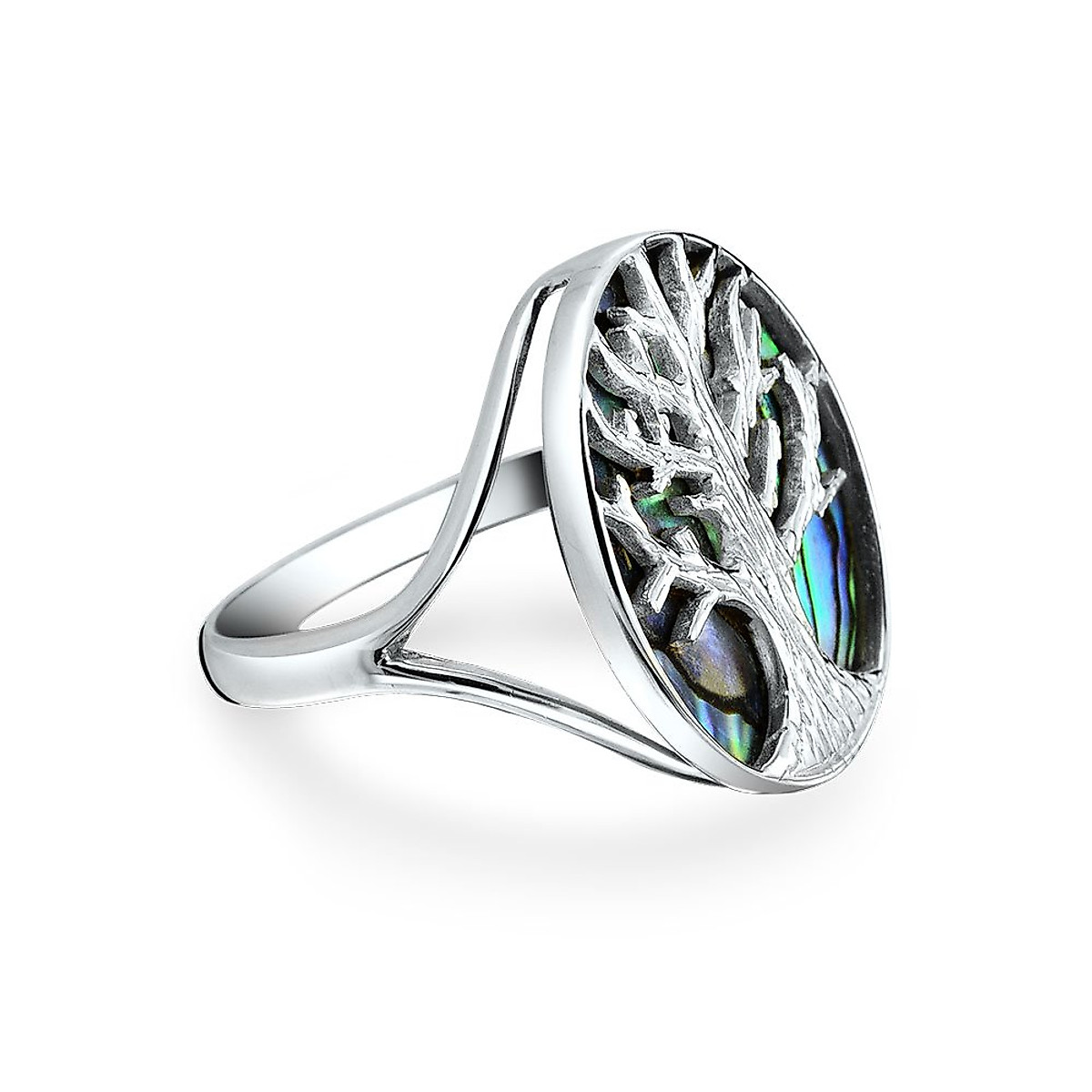 Bling Jewelry Large Statement Oval Rainbow Abalone Shell Earth Nature Family Wishing Tree Of Life Ring For Women .925 Sterling Silver