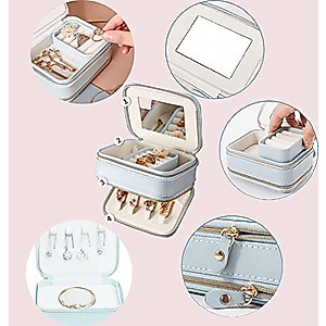GASVAHA Small Jewelry Box Travel Jewelry Organizer: Travel Jewelry Case Jewelry Box Organizer for Women Girls, Cute Leather Jewelry Display Box Jewelry Bag for Rings Necklace Light Blue