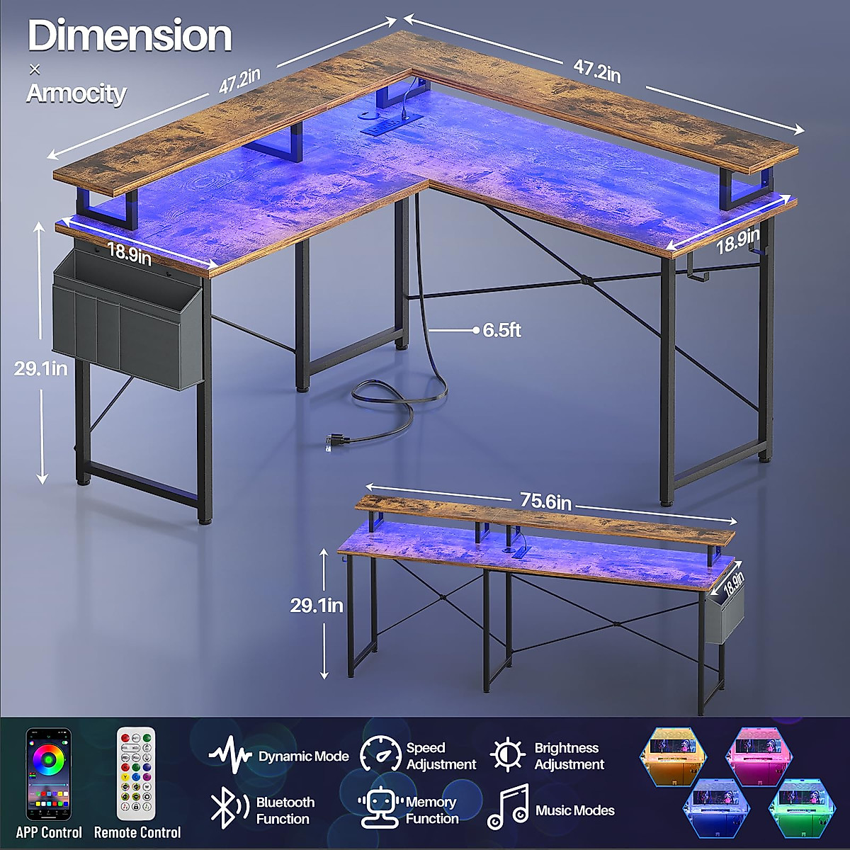 armocity L Shaped Computer Desk with Power Outlets, Gaming LED Lights, Corner Storage Shelves, Work Study for Bedroom, Home Office, Small Spaces, 47'', Rustic Brown