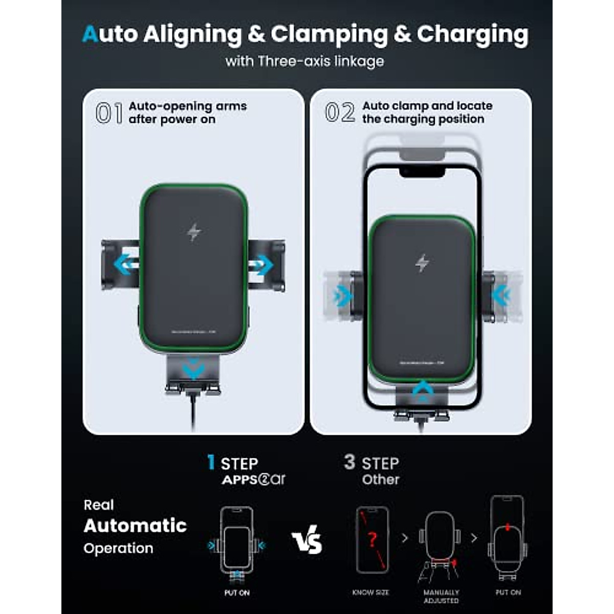 APPS2Car Dual Coil Wireless Car Charger Auto Clamping 15W Cup Holder Phone Mount Wireless Charger Fast Charge Tri-Pivots Height Angle Adjustable Phone Holder for Car Truck iPhone 14 13 Samsung S23 S22