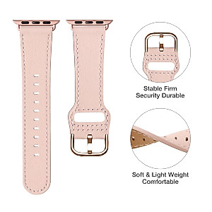POWER PRIMACY Leather Bands Compatible with Apple Watch Band 38mm 40mm 41mm 42mm 44mm 45mm 49mm, Genuine Leather Strap Compatible for Women Men iWatch SE Ultra Series 9 8 7 6 5 4 (Pale pink/Rosegold)