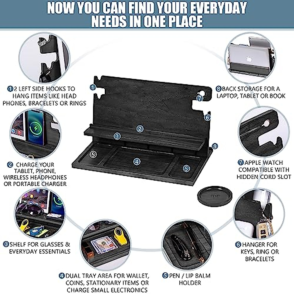 Black Extra Large Wood Phone Docking Station - Nightstand Organizer for Men & Women, iPad Stand For Desk, Tablet Stand Holder, Apple Watch Compatible, Holds Phones, Tablets, Keys, Glasses, EDC & more