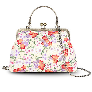 Floral Top-Handle Handbag, Kiss Lock Evening Bag for Women, Vintage Purse with Chain, Women's Retro Clutch Bag for Party Floral-beige