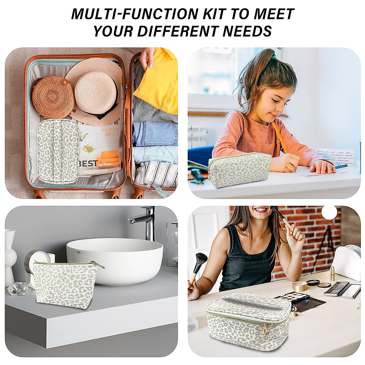 Deokke 3Pcs Makeup Bag,Travel Makeup Bag,Makeup Bags for Women,Makeup Brush Bag,Large Capacity PU Cosmetic Bag,Waterproof and Durable-Grey White Leopard Cheetah Pattern