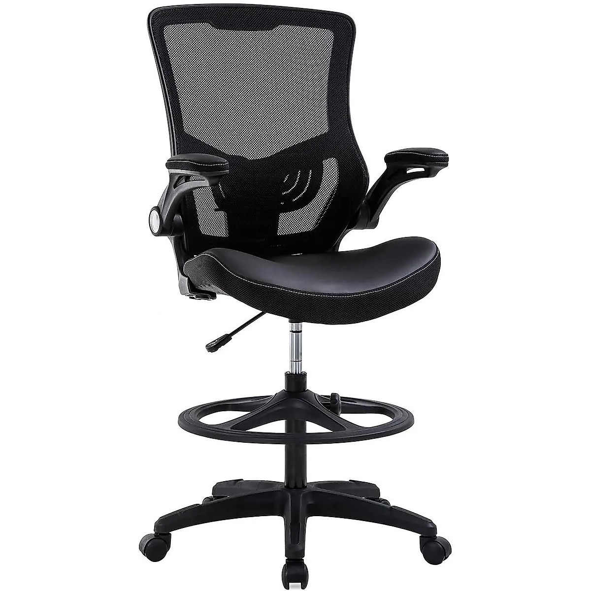 Drafting Chair Tall Mesh Drafting Stool for Standing Desk, Adjustable Bar Height Reception Office Chair with Flip-Up Arms & Foot-Ring, Ergonomic Mesh Computer Drafting Stool for Home Office Working