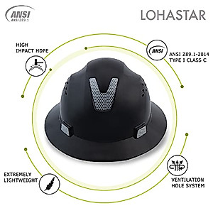 LOHASTAR Full Brim Hard Hat Safety Helmet Vented ANSI Z89.1 Approved OSHA Hard Hats Construction Men Women Adult Cascos De Construccion Type I Class C Hardhats(1 Pack, Black)