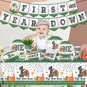 142Pcs First Year Down Football Birthday Party Decorations Football Tableware Set with Plates Napkins Cups Tablecloth and Banner First Year Down Birthday Party Decorations Football Party Decorations