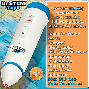 Dr. STEM Toys Talking World Globe with Interactive Stylus Pen and Stand, Colorful Map for Early Learning and Teaching - Includes Trivia, Q&A, and Music - 9 Inches in Height, Ages 6+