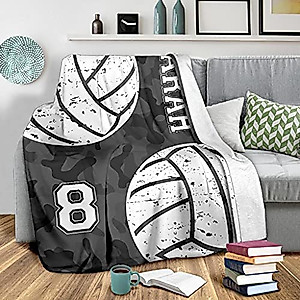 Custom Gift for Black Camo Pattern Volleyball Ball Personalized Name Number Premium Quality Sherpa Fleece Throw Blanket 3D Printed Warm Fluffy Cozy Soft Tv Bed Couch Comfy Microfiber Velvet Plush