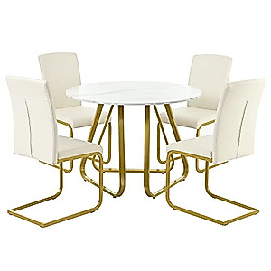 TARTOP 5-Piece Round Dining Furniture Set with Faux Marble Table and Four Chairs with Metal Legs for Kitchen, and Living Room, 5Pcs, White