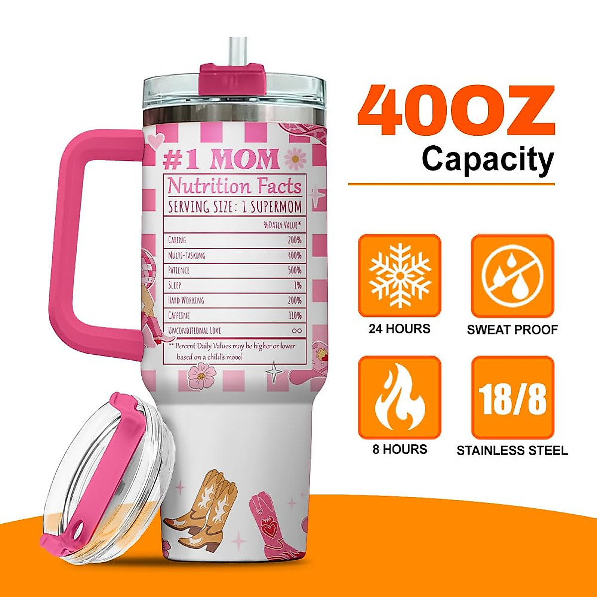 99WHALE Tumbler 40 Oz With Handle Lid And Straw, Cool Moms Club Gifts, Hot Camelia Tumblers Swig Coffee Stainless Modern Print Cups Cowgirl Heart, Mom Cowboys Nutrition Facts