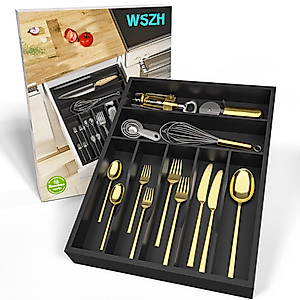 WUSHIZHUHUN Utensil Organizer Silverware Drawer Organizer - 7 Slots Bamboo Silverware Tray For Kitchen Cutlery Office Supplies Makeup Desk Storage Garage Tool Organization W13”x L17” (Black)