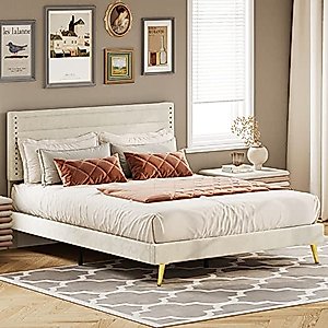 LIKIMIO Queen Bed, Platform Bed Frame with Upholstered Headboard and Wooden Slats Support, No Box Spring Needed, Easy Assembly, Beige