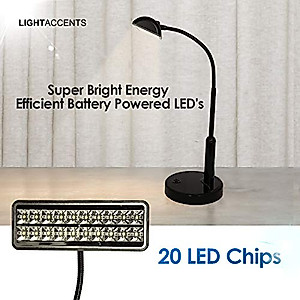 LIGHTACCENTS Battery Operated Lamp LED Desk Lamp - Cordless Lamp - Portable Office Desk Lamp Table Lamp Super Bright LED's with Adjustable Metal Neck, Use with Batteries or Included AC Adaptor(Black)