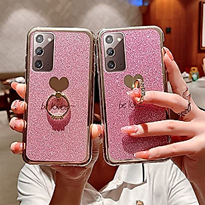 Case for Galaxy Note 20 5G Girls Women Cute Luxury Glitter Shiny Sparkly Shell with Ring Kickstand UPC Soft Slim Bumper Shockproof Protective Phone Cover for Samsung Galaxy Note 20 5G/4G 6.7" - Pink