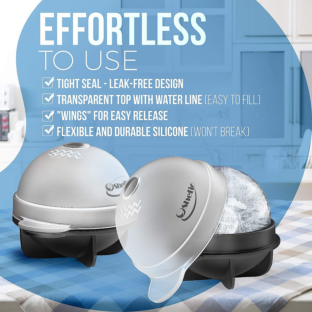 Round Ice Cube Mold Set of 4 Individual 2.5 Inch Tight Sealing, Leak Proof Silicone Big Sphere Ice Ball Makers for Whiskey, Scotch and Bourbon Black