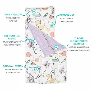 JumpOff Jo - Extra Long Toddler Nap Mat - Sleeping Bag for Kids with 5lb. Detachable Weighted Blanket and Removable Pillow for Preschool, Daycare, and Sleepovers - 53 x 21 Inches - Fairy Blossom